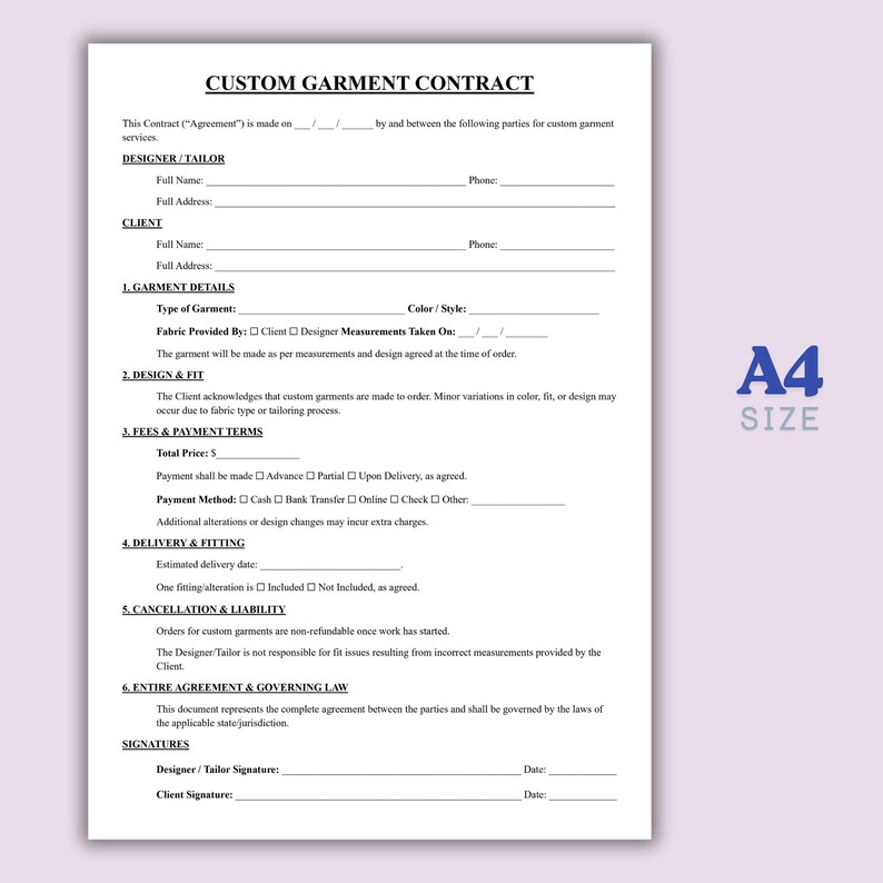 Custom Garment Contract Template, Editable Tailor Clothing Agreement ...