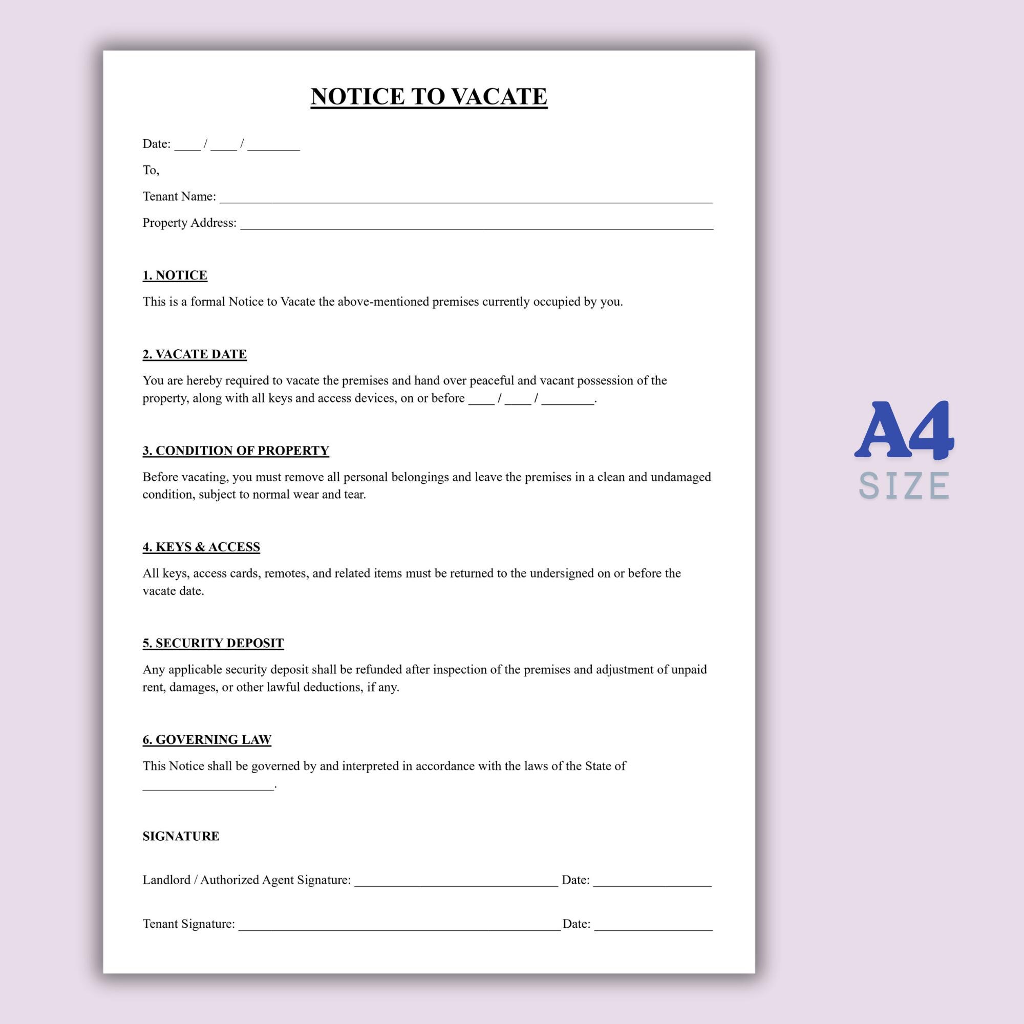 Notice to Vacate Template, One Page Eviction Notice Form, Printable ...