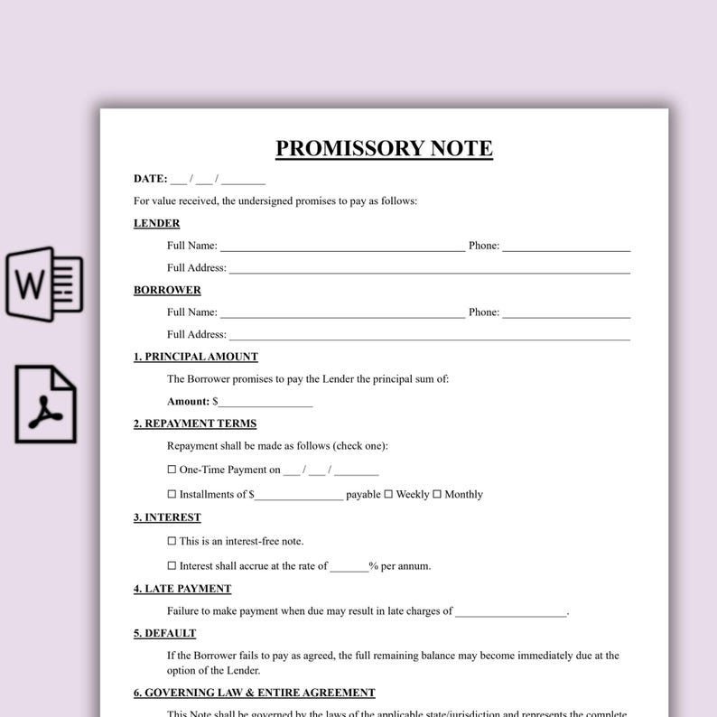 Promissory Note Template, Printable Personal Loan Agreement, Editable ...