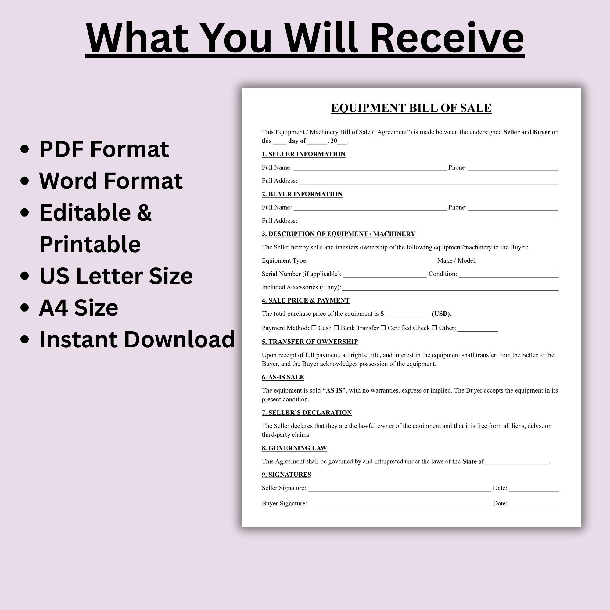 One Page Equipment Bill of Sale Template, Machinery Sale Contract, Farm ...