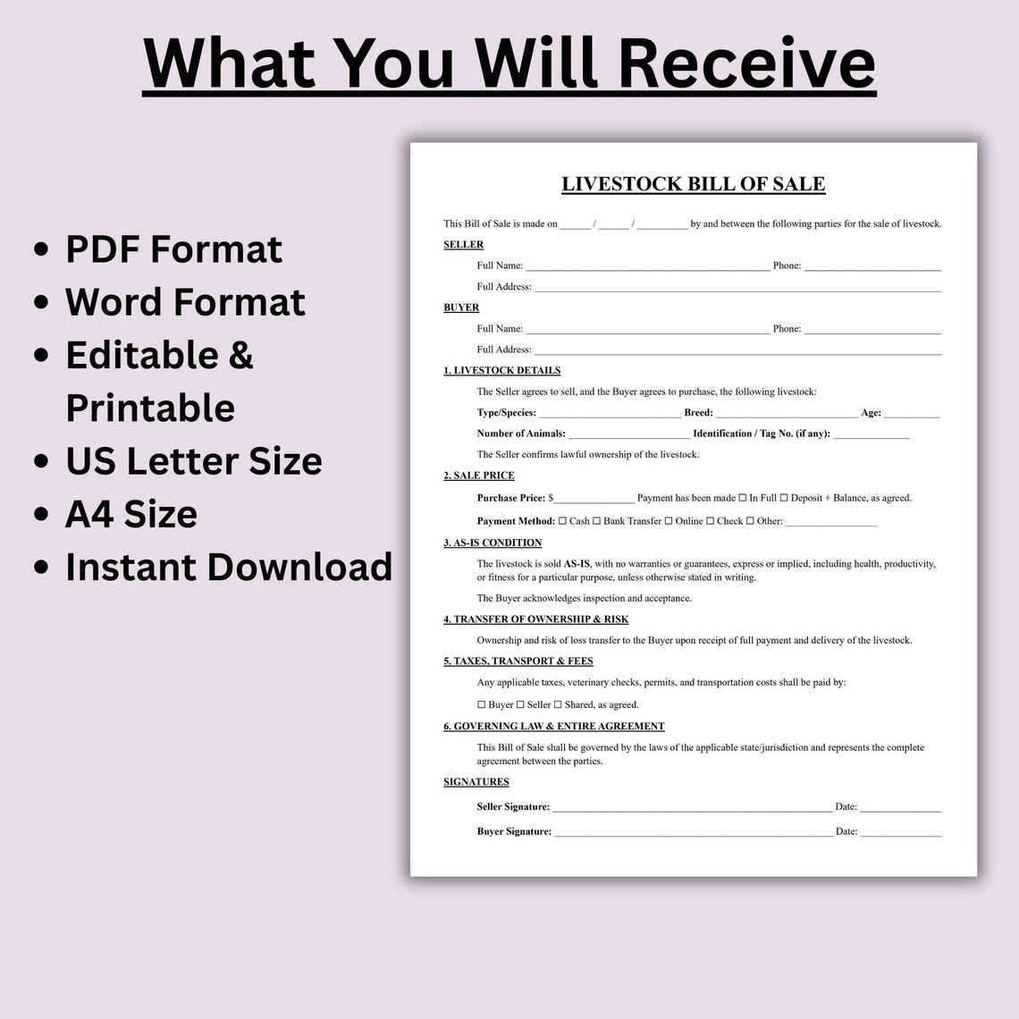 Buy Printable Livestock Bill of Sale Template, Cattle Purchase ...