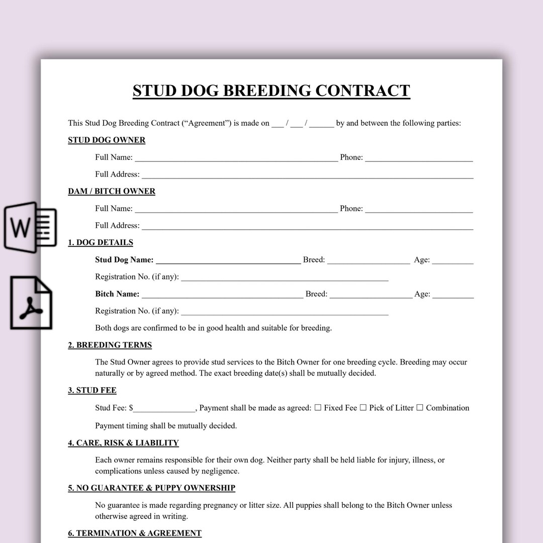 Simple Stud Dog Breeding Contract, Customizable Dog Breeding Agreement ...