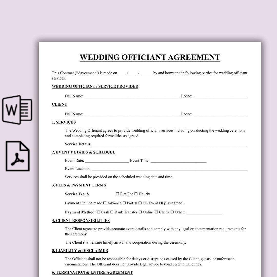 Printable Wedding Officiant Agreement, Editable Contract for Wedding ...