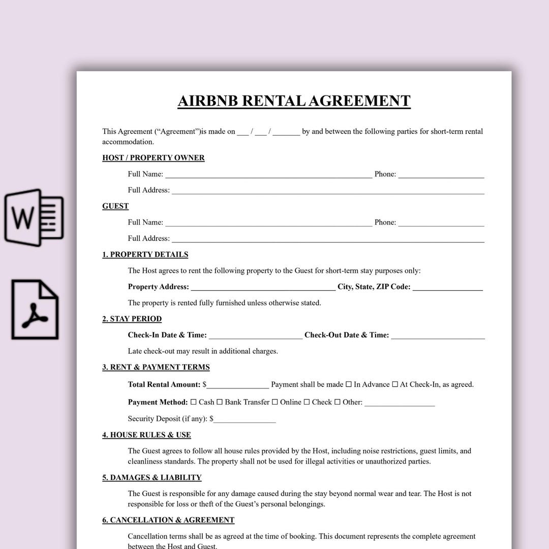 Editable Airbnb Rental Agreement Template, One Page Short-term Rental ...
