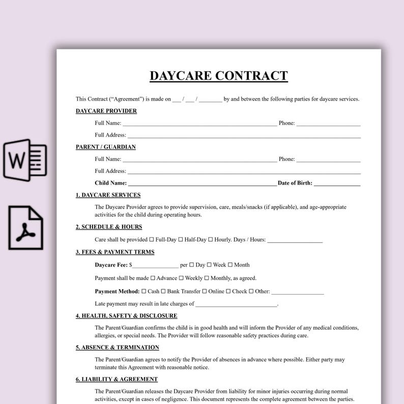 Customizable Day Care Contract Template, One Page Daycare Forms ...