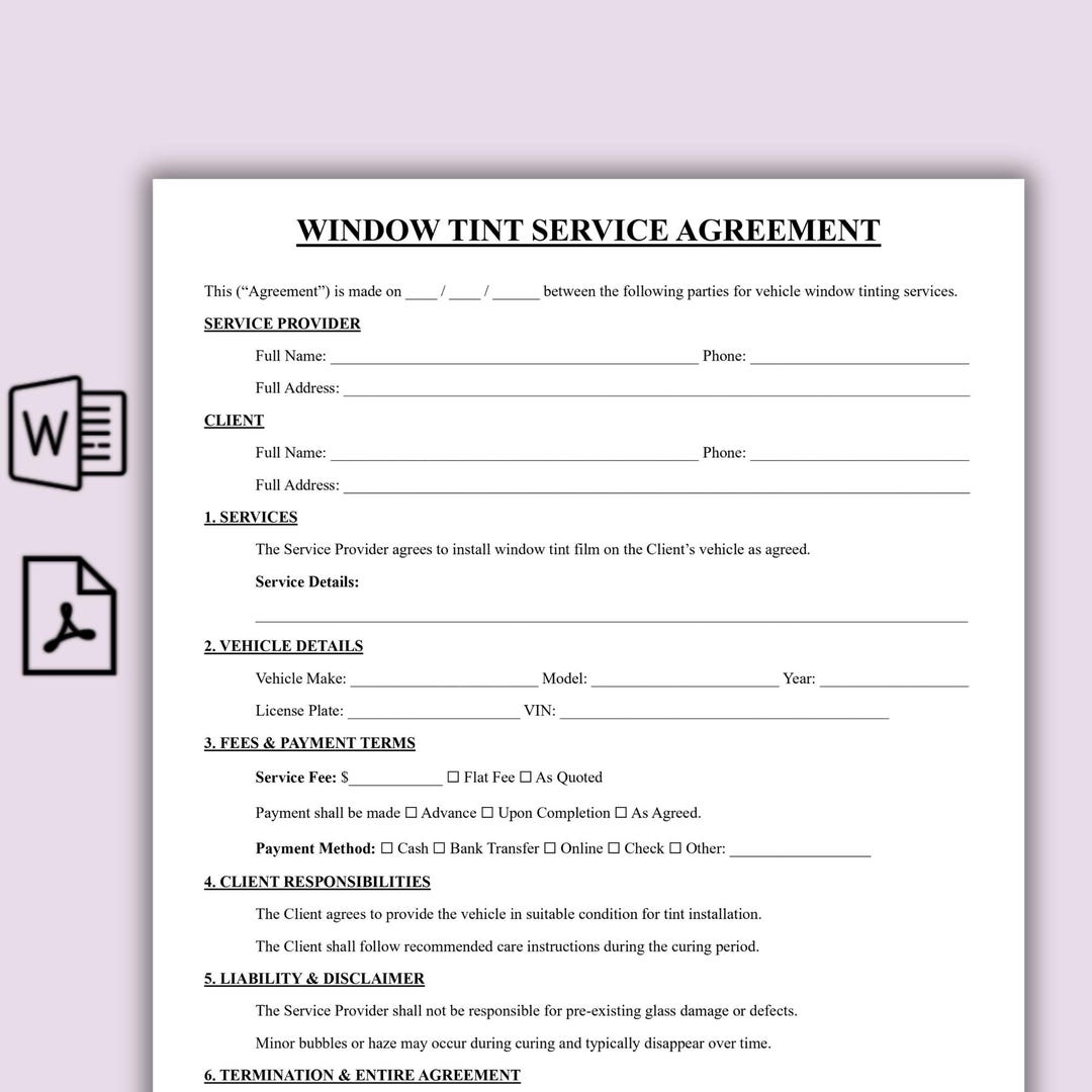 Editable Window Tint Service Agreement Template, Professional Car Tint ...
