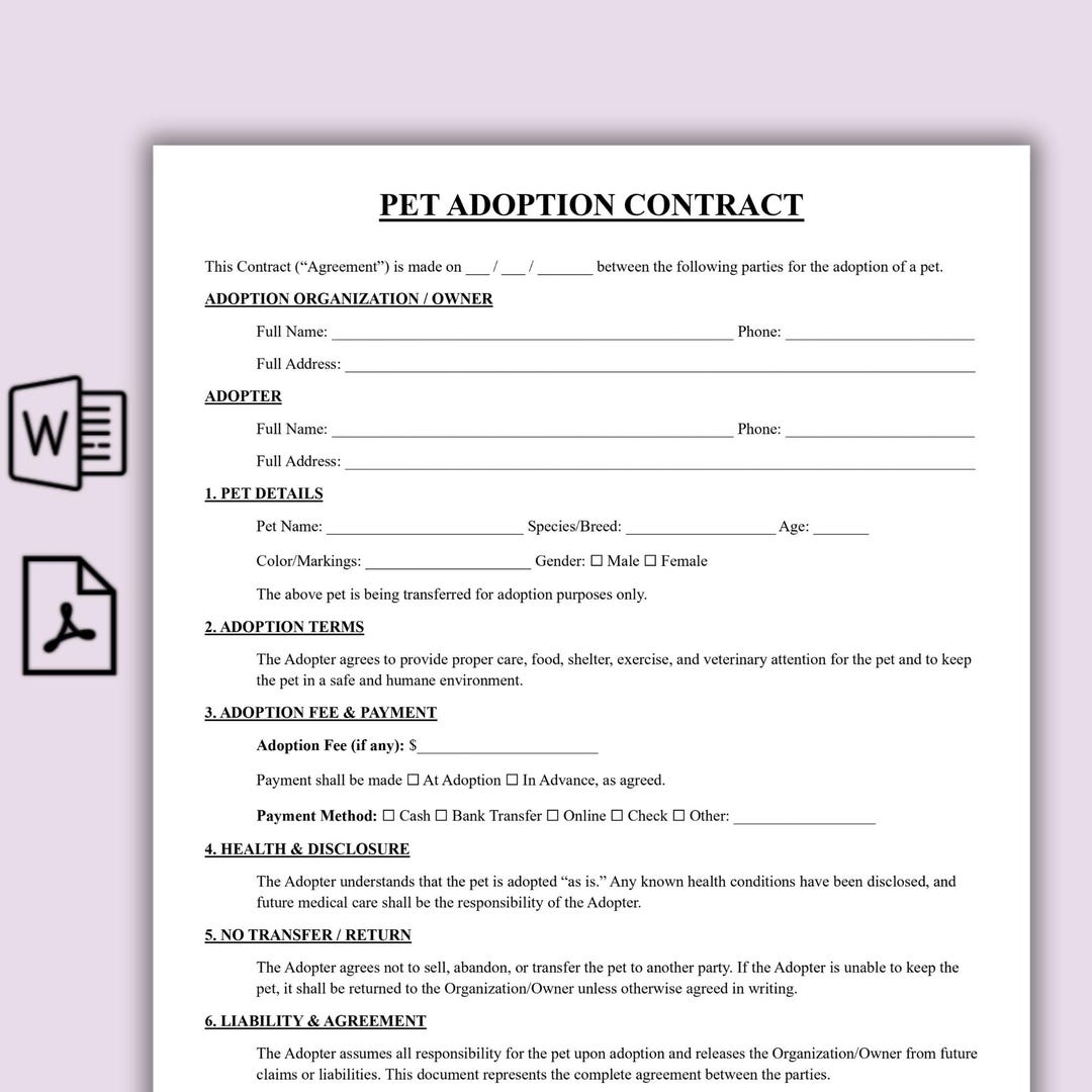 Buy Simple Pet Adoption Contract, Printable Pet Agreement Form for ...