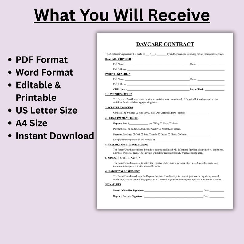 Customizable Day Care Contract Template, One Page Daycare Forms ...