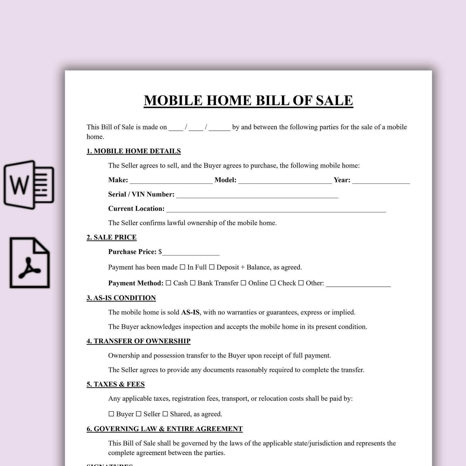 Editable Mobile Home Bill of Sale, Manufactured Home Sale Form Template ...