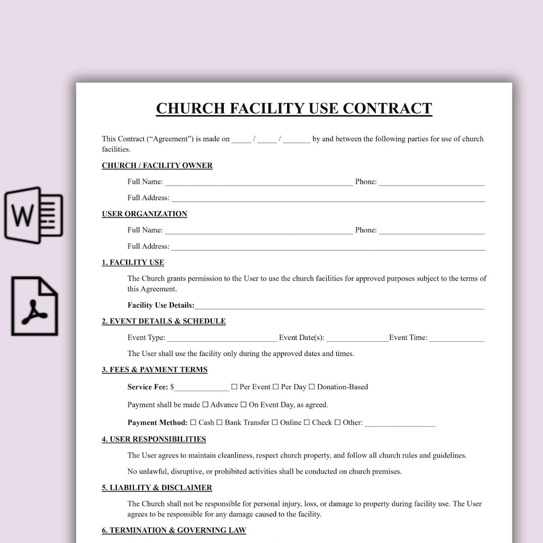 Editable Church Facility Use Contract Template, One Page Church Rental ...