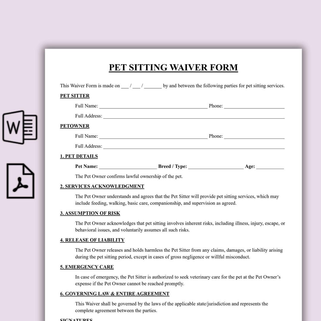 Pet Sitting Waiver Form Template, One Page Pet Sitter Agreement ...