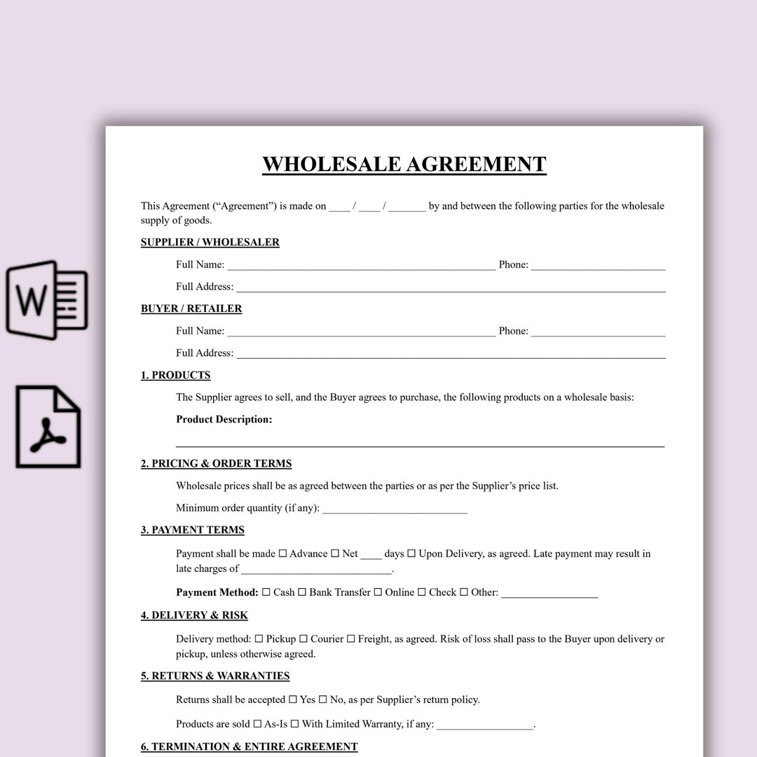 Wholesale Agreement Form Template, Editable Wholesale Contract, One ...