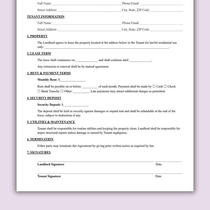 Customizable Lease Agreement Template, Printable Rental Agreement ...