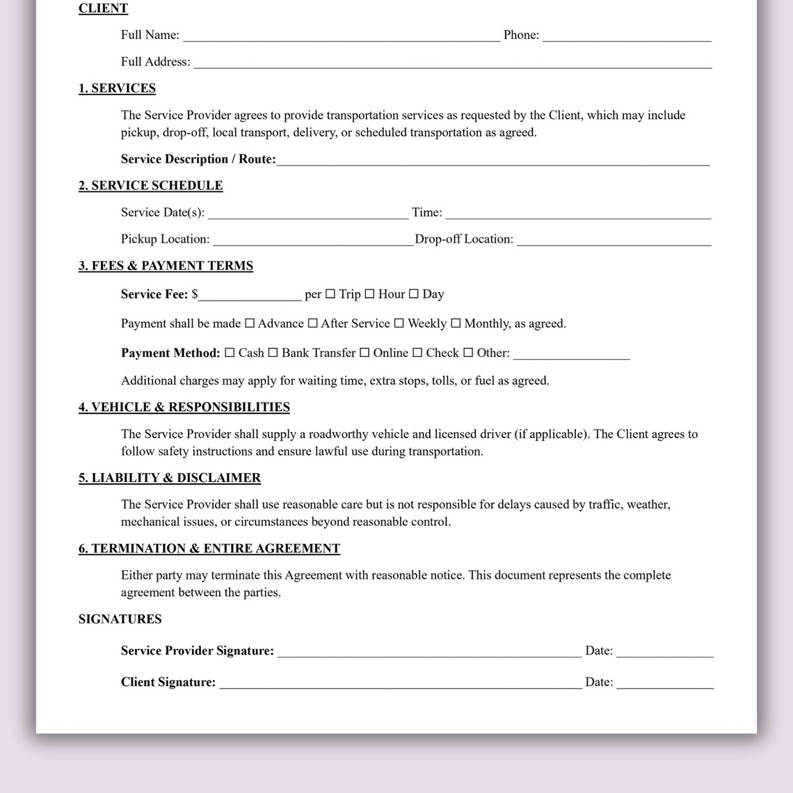 Printable Transportation Service Contract Template, One Page Transport ...