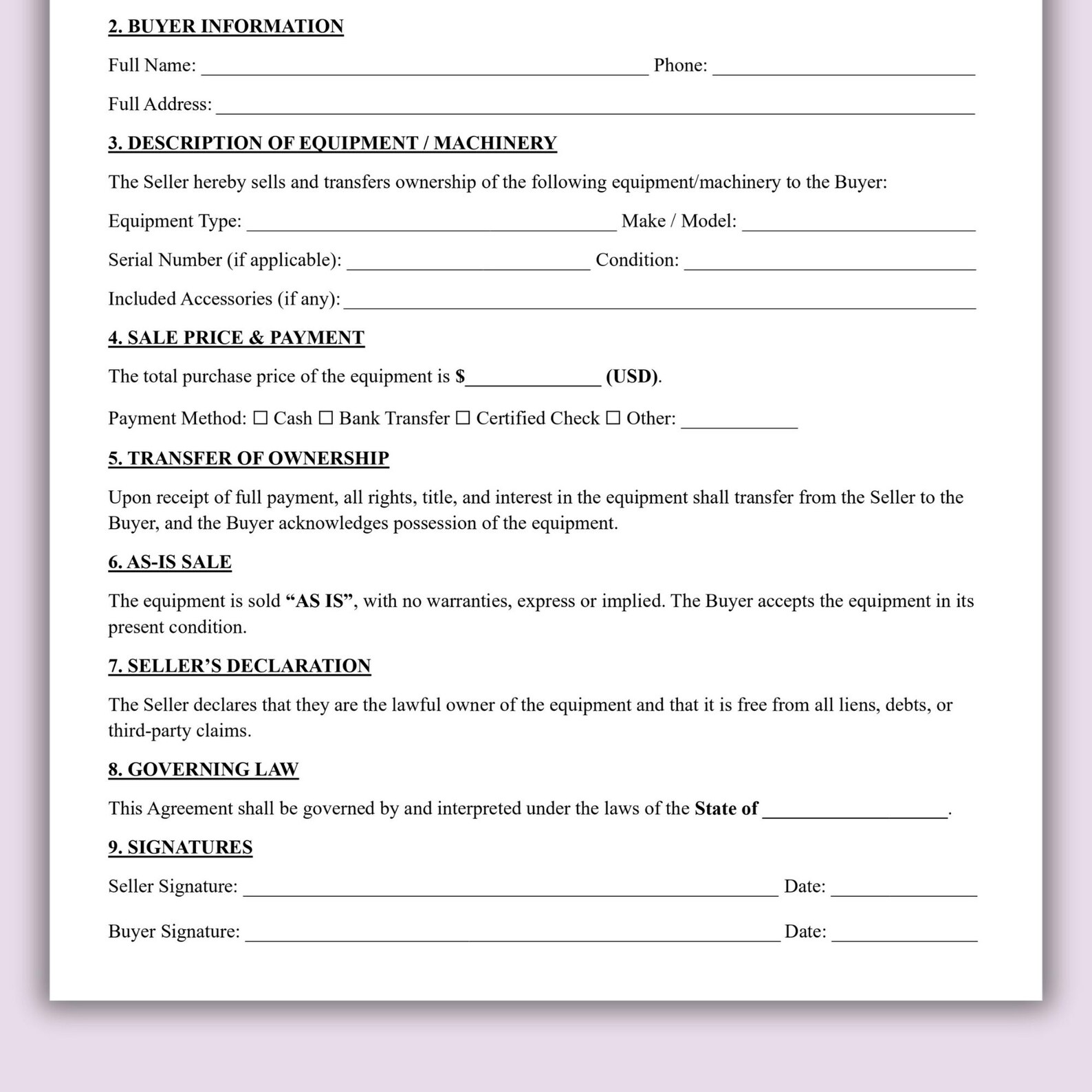 One Page Equipment Bill of Sale Template, Machinery Sale Contract, Farm ...