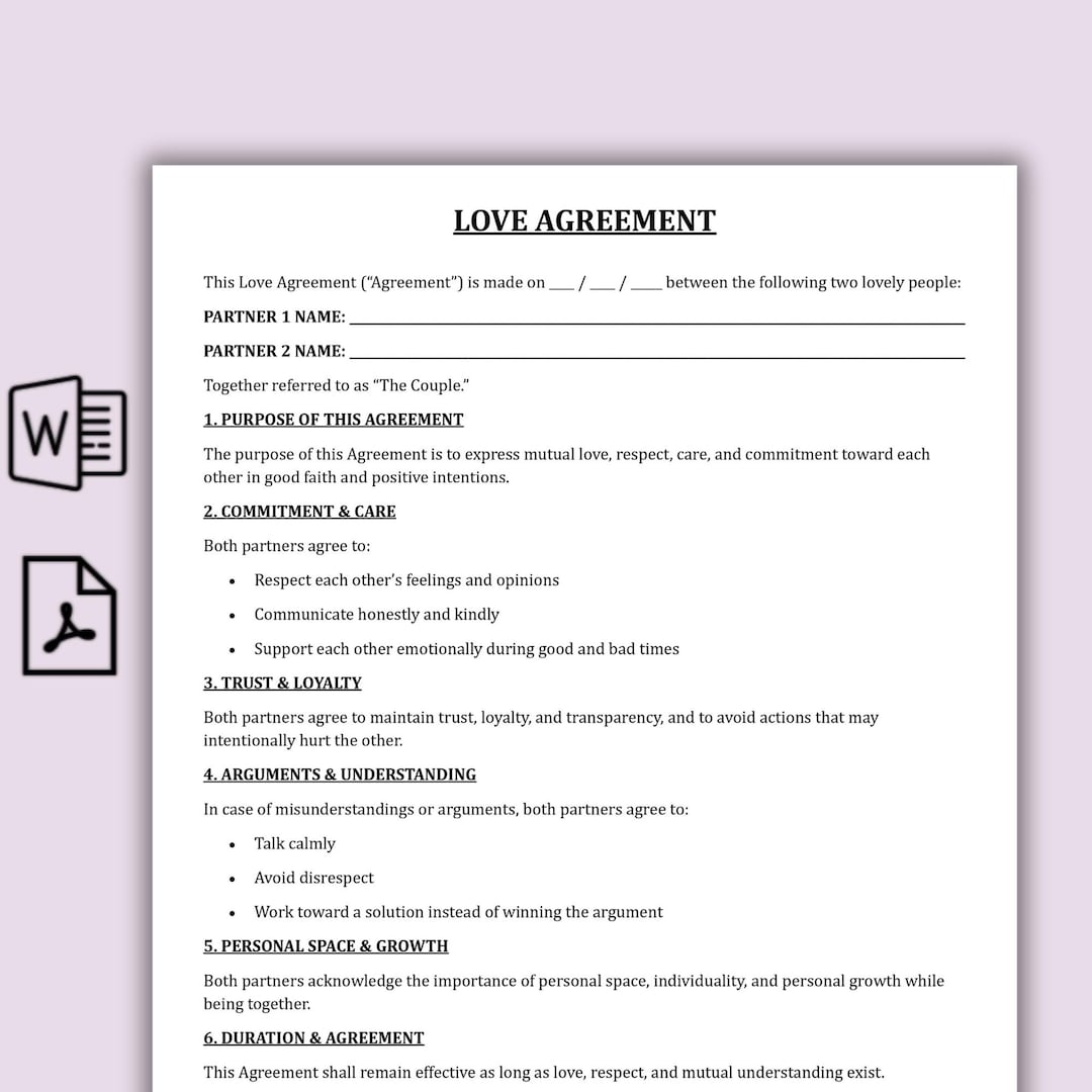 Love Agreement Template, One Page Relationship Contract, Editable ...