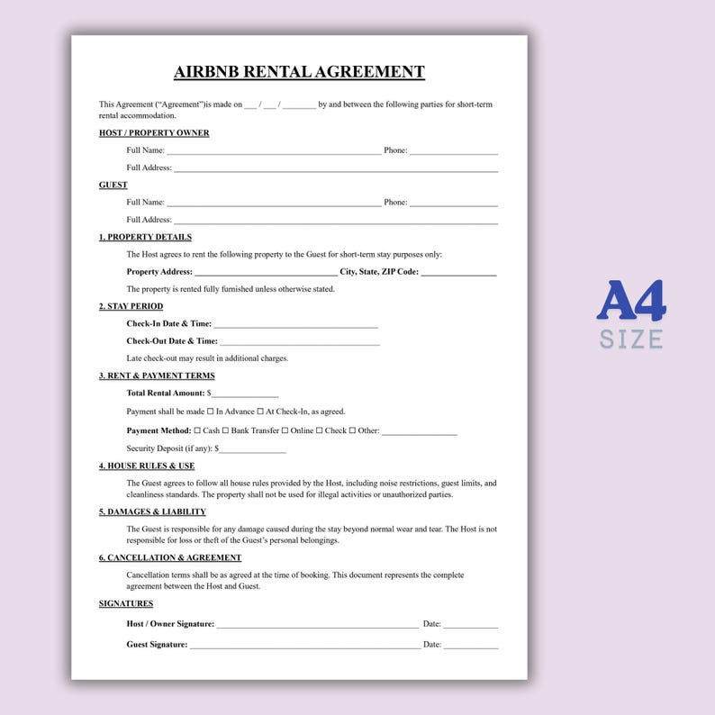 Editable Airbnb Rental Agreement Template, One Page Short-term Rental ...