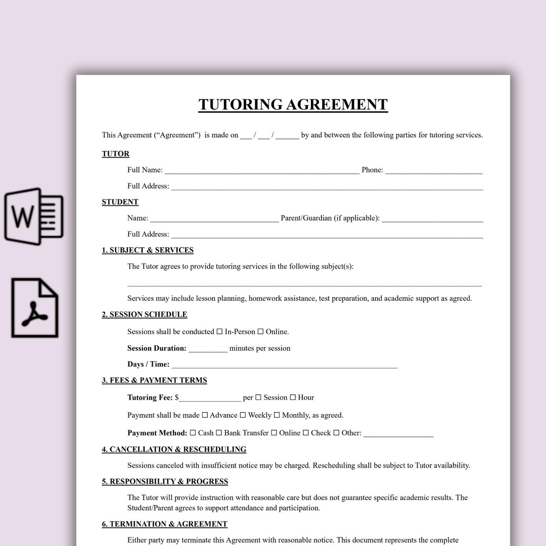 Editable Tutoring Agreement Template, One Page Tutoring Terms Contract ...