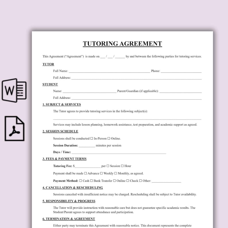 Editable Tutoring Agreement Template, One Page Tutoring Terms Contract ...