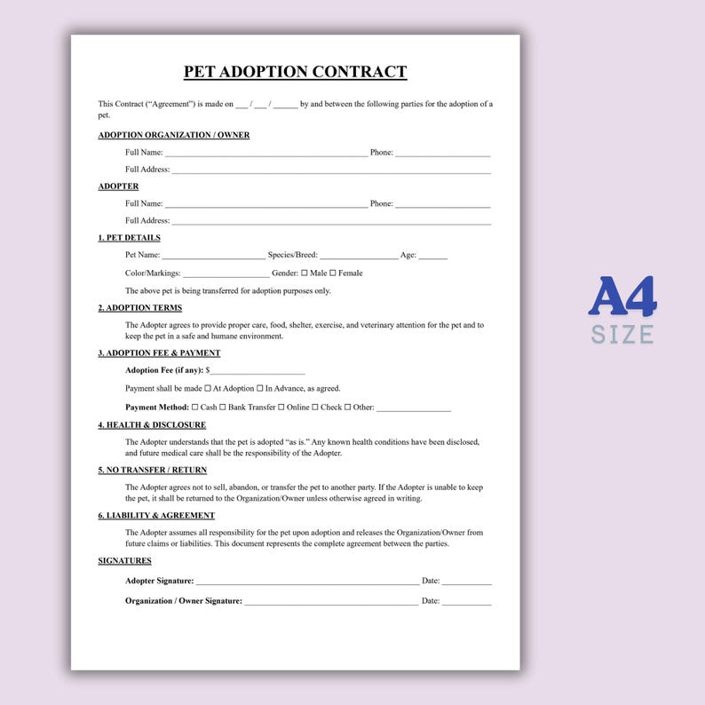 Buy Simple Pet Adoption Contract, Printable Pet Agreement Form for ...