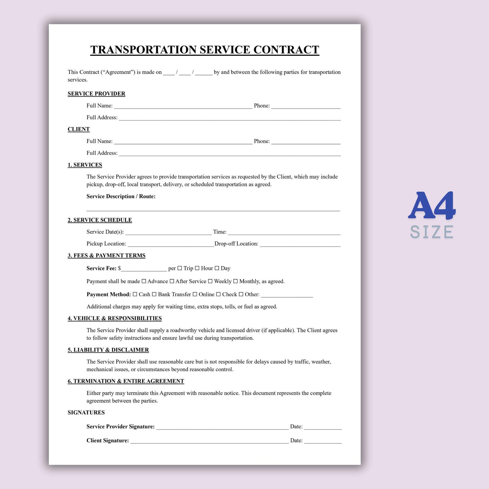 Printable Transportation Service Contract Template, One Page Transport ...