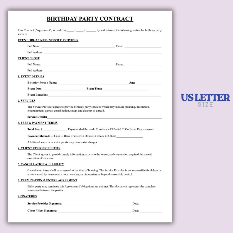 One Page Birthday Party Contract Template, Editable Venue Rental ...