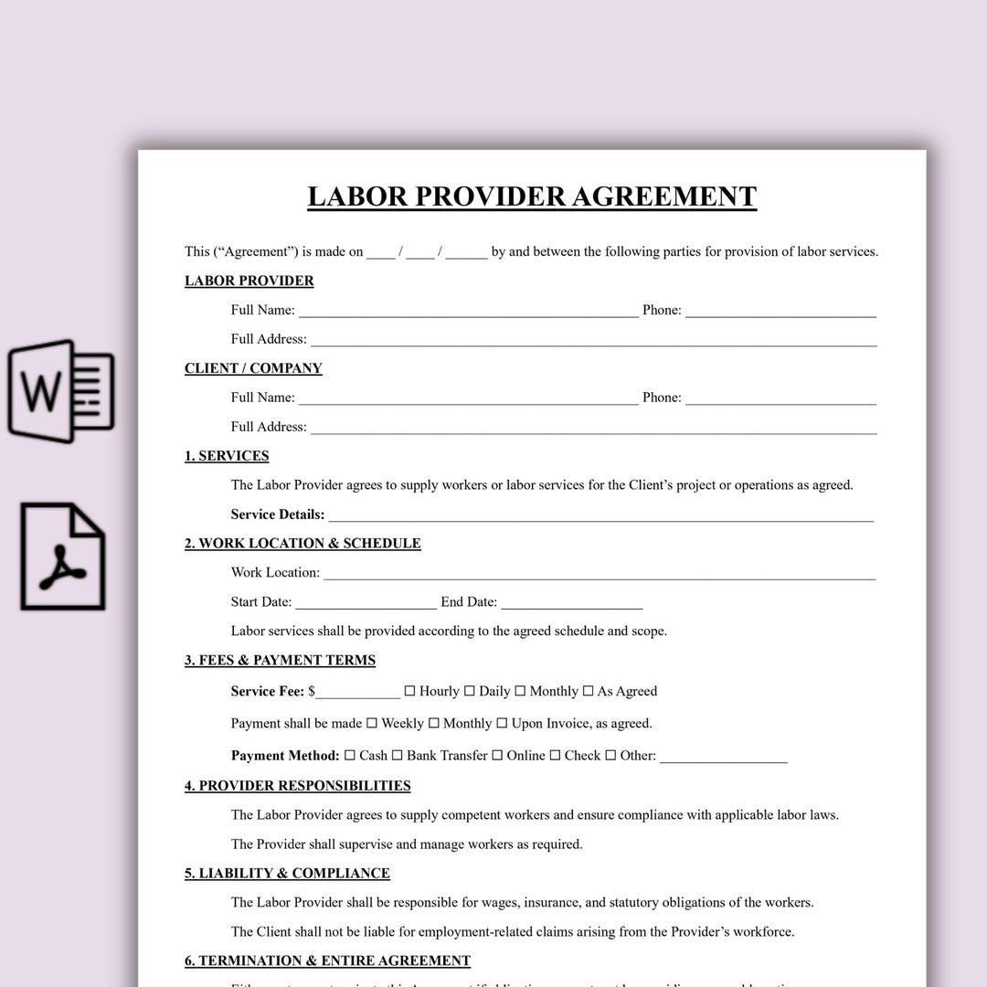 Buy Labor Provider Agreement Template, Editable Labor Provider Service ...