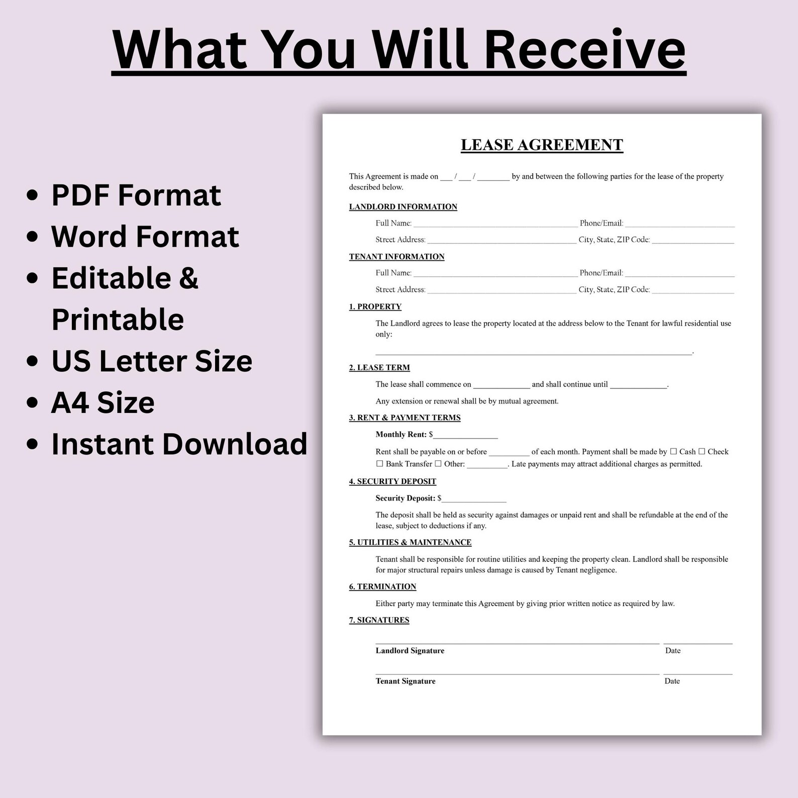 Customizable Lease Agreement Template, Printable Rental Agreement ...