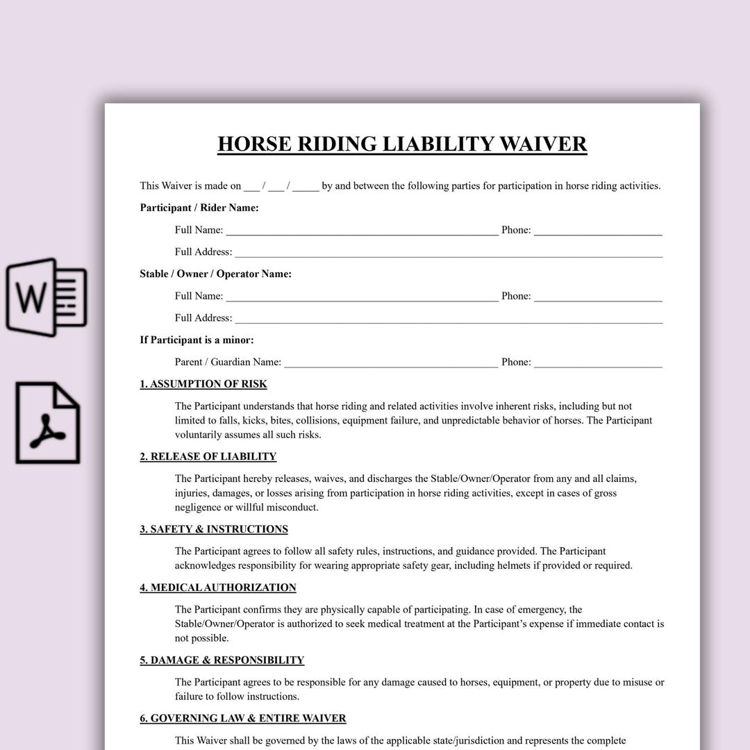 One Page Horse Riding Liability Waiver, Editable Equine Waiver Form ...