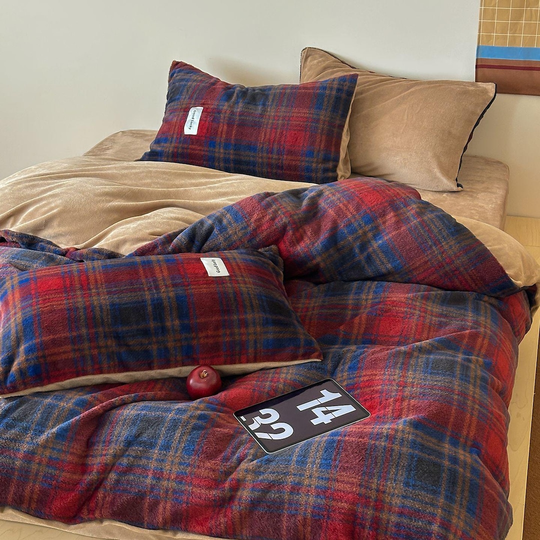Plaid Red Blue Bedding Set With Pillowcases for Bedroom Decor - Etsy