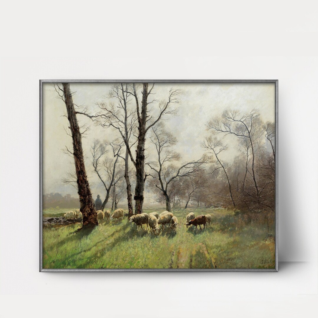 Download 1900s Shepherd With His Flock in Evening Light - Etsy