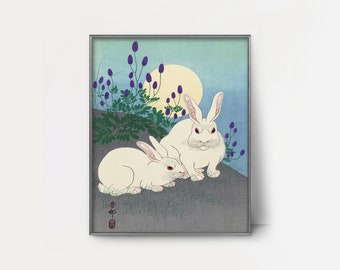 White Rabbit and Full Moon Art Print, Japanese Rabbit Painting, Antique ...