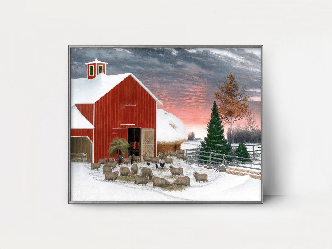Red Barn Sheep Farm Landscape Print - Americana Winter Print, Rustic ...