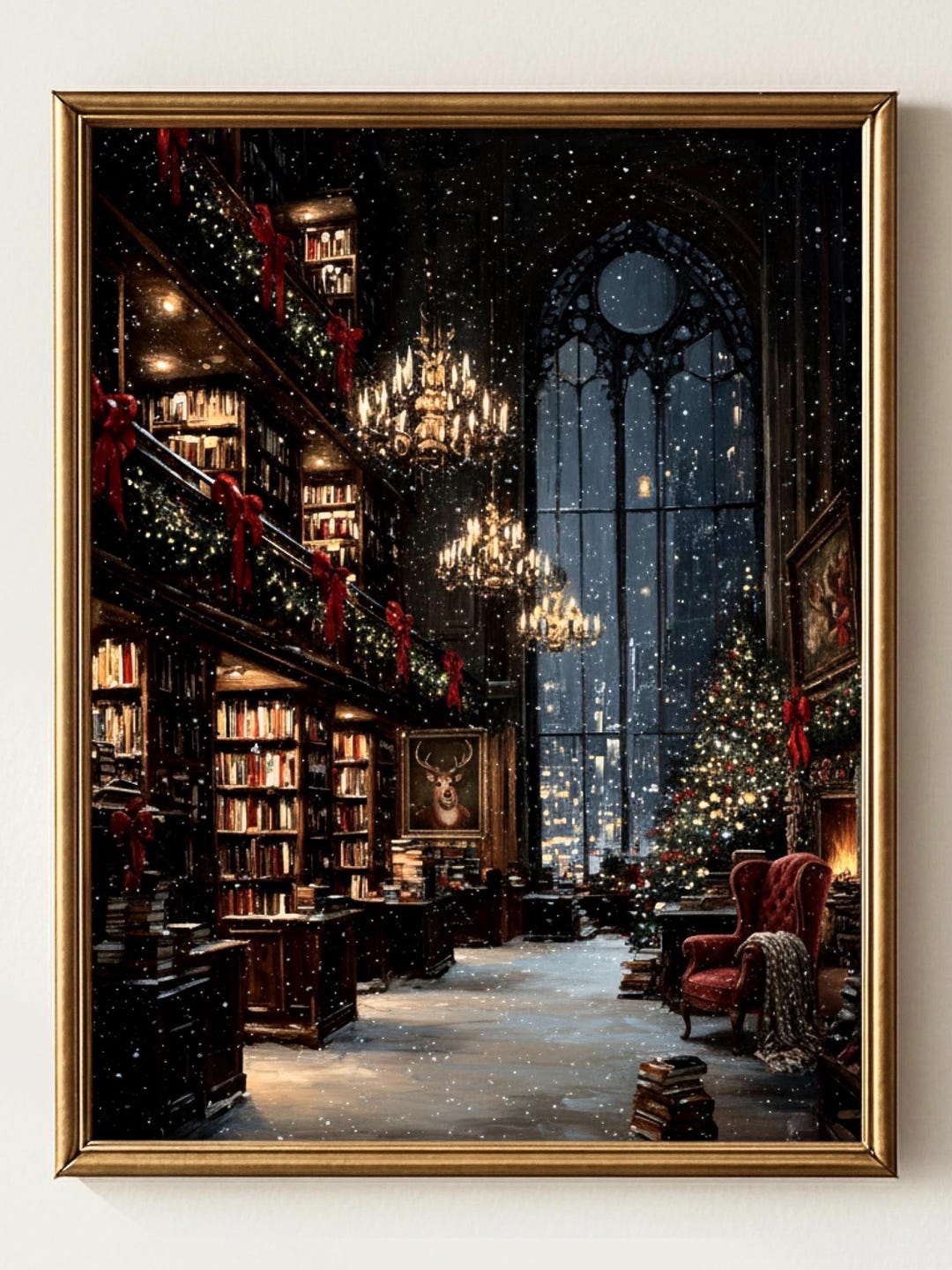 Christmas Library Wall Art Printable, Book Lover Christmas Decor, Cozy ...