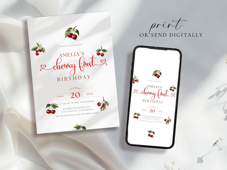 Cherry First Birthday Invitation, Sweet One Party Invite, Vintage ...
