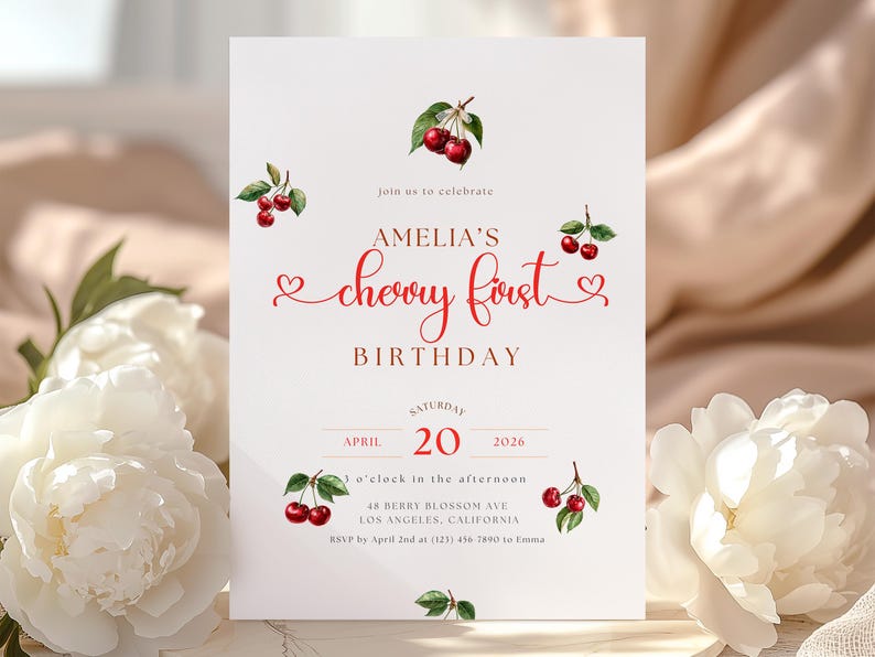 Cherry First Birthday Invitation, Sweet One Party Invite, Vintage ...