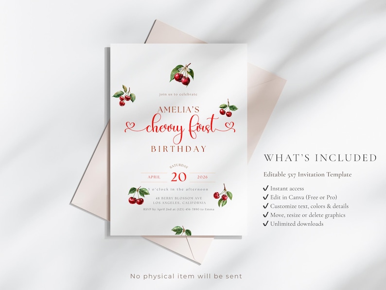 Cherry First Birthday Invitation, Sweet One Party Invite, Vintage ...