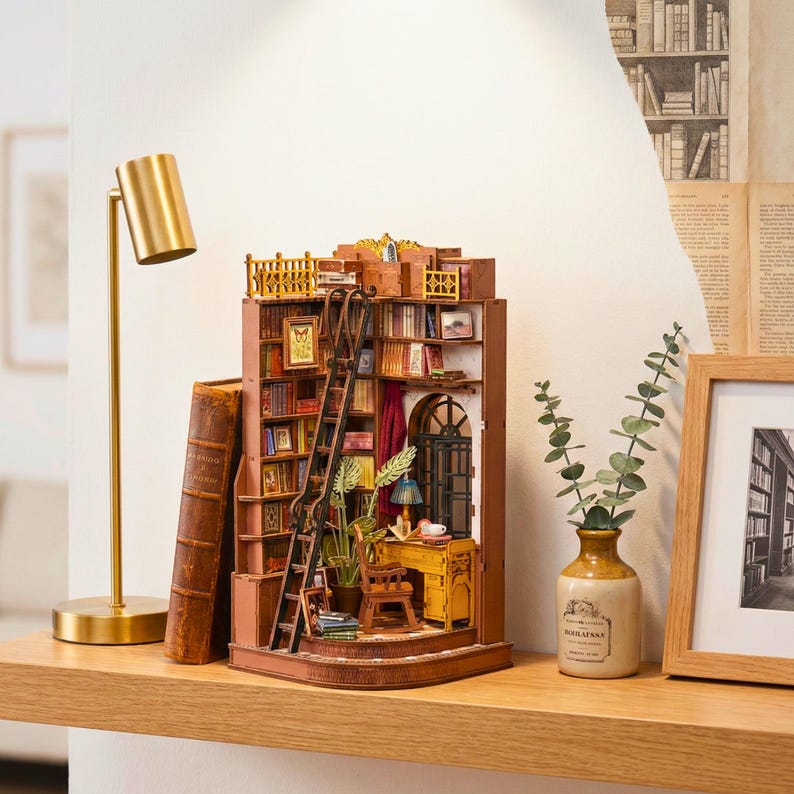 DIY Miniature Book Nook Kit Silent Corner Study LED No Glue Wood Craft ...