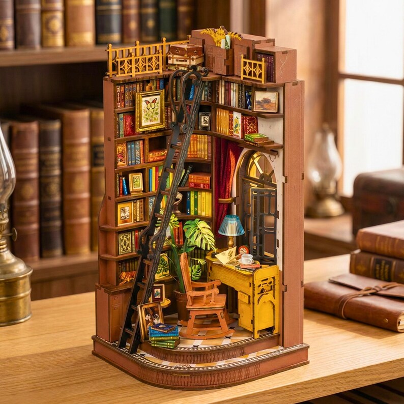 DIY Miniature Book Nook Kit Silent Corner Study LED No Glue Wood Craft ...