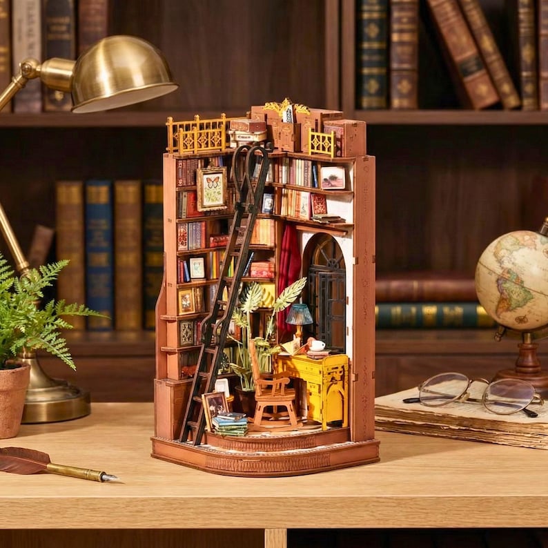 DIY Miniature Book Nook Kit Silent Corner Study LED No Glue Wood Craft ...