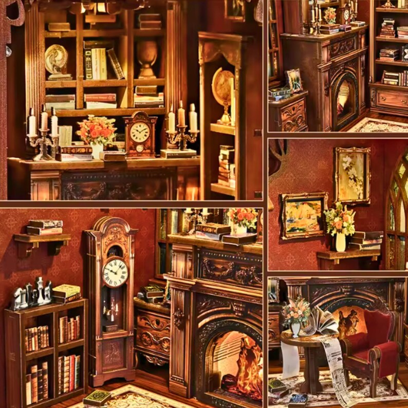 DIY Twilight Library Book Nook Kit 3D Wooden Puzzle LED Miniature ...