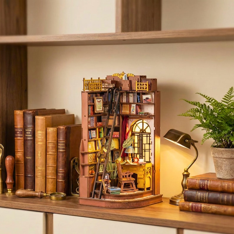 DIY Miniature Book Nook Kit Silent Corner Study LED No Glue Wood Craft ...