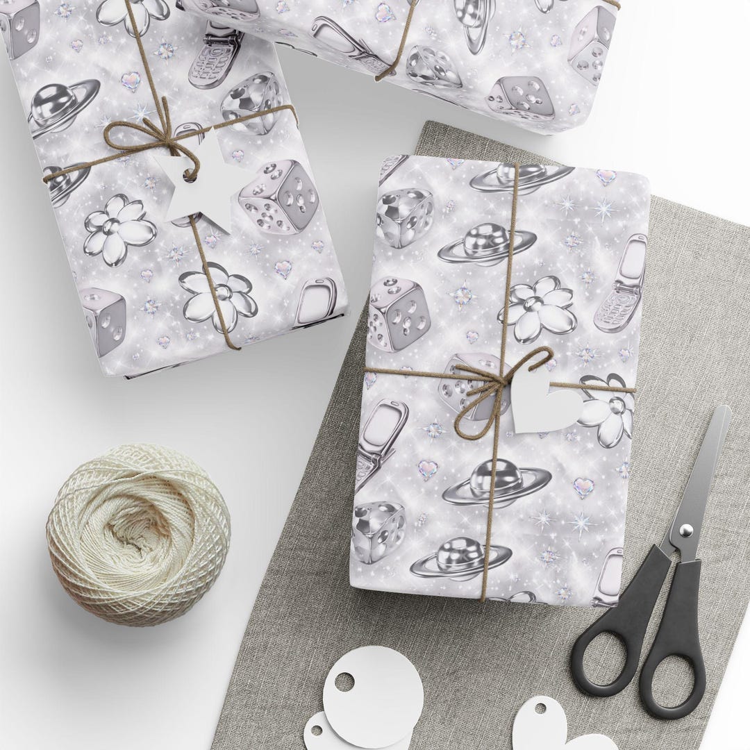 Y2K Silver Aesthetic Gift Wrapping Paper | Chrome Dice, Flip Phone ...