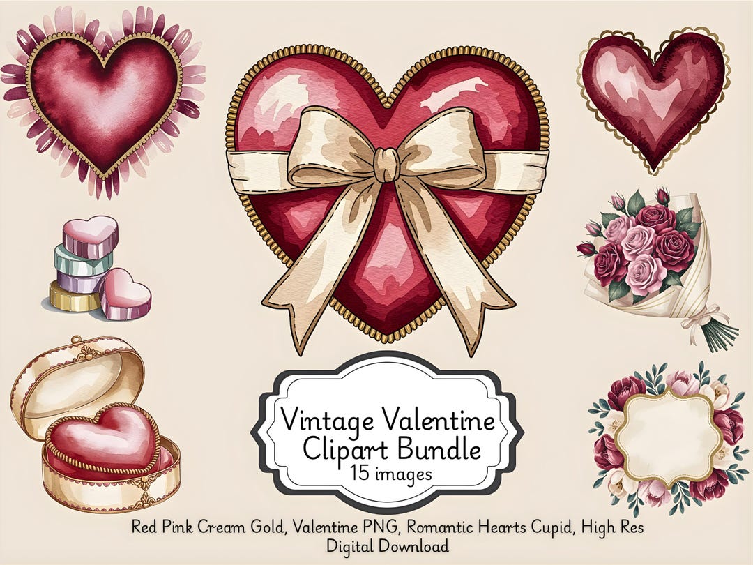Vintage Valentine Clipart Bundle, Romantic Hearts, Cupid (digital ...