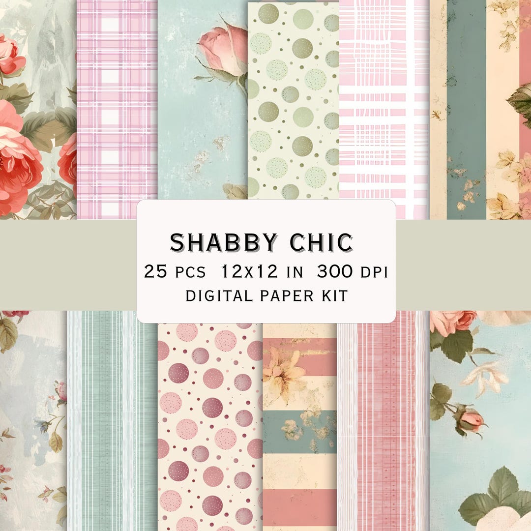 Shabby Chic Floral Digital Paper Pack | Vintage Scrapbook Patterns (25 ...