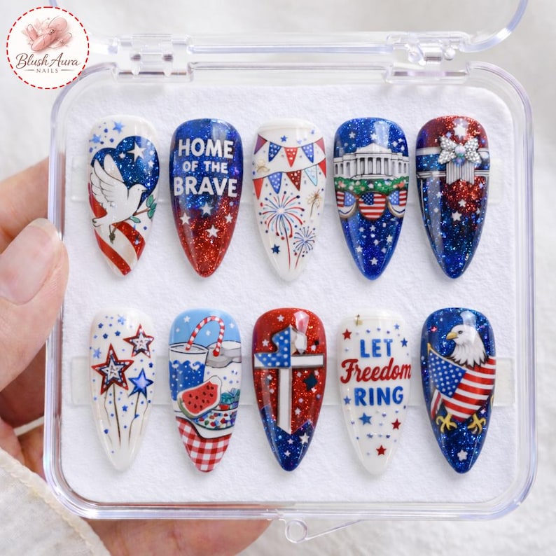 Handmade USA Patriotic Press on Nails, Independence Day Eagle Flag Set ...