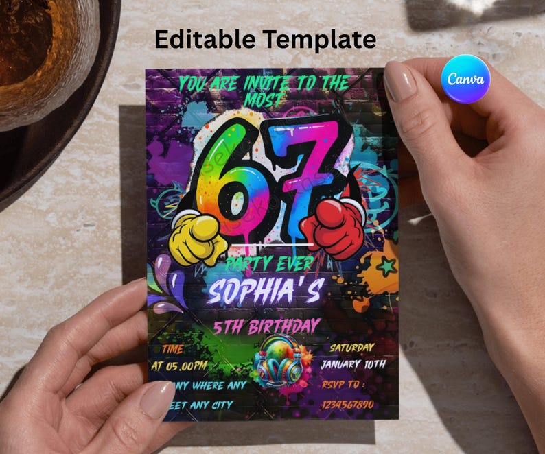 Six Seven Graffiti Kids Birthday Party Invitation Template, 67 Viral ...