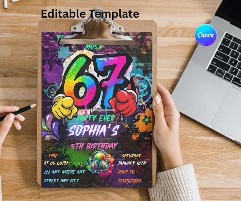 Six Seven Graffiti Kids Birthday Party Invitation Template, 67 Viral ...