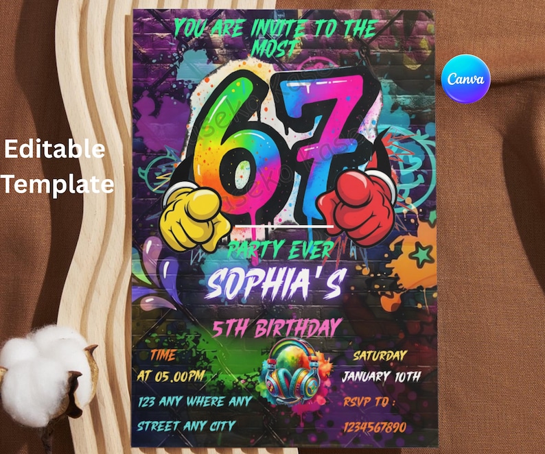 Six Seven Graffiti Kids Birthday Party Invitation Template, 67 Viral ...