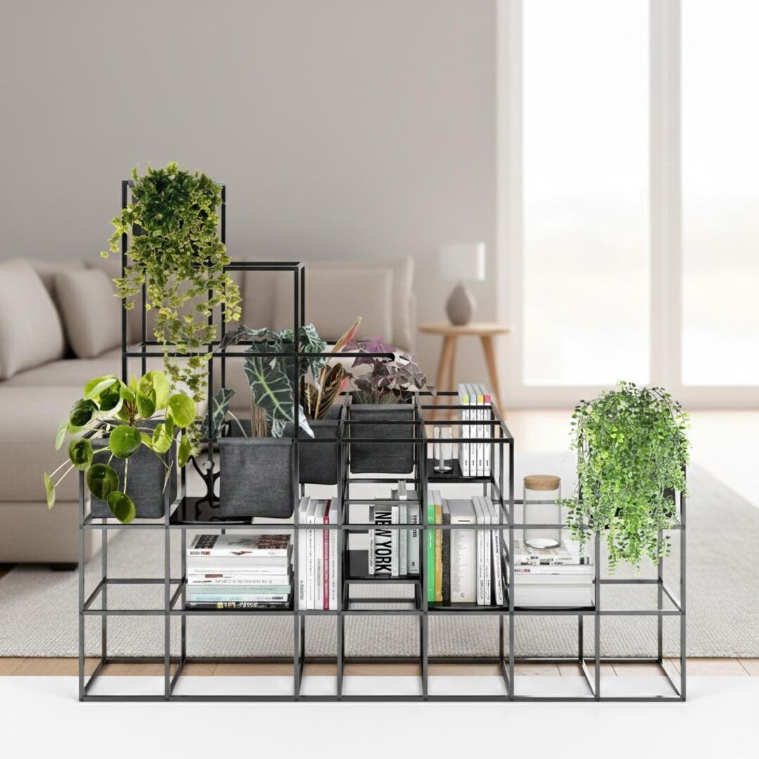 Modern Room Divider Shelving System Matte Black Open Concept Space ...